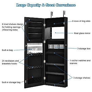 Giantex Jewelry Armoire Wall Door Mounted, Lockable Jewelry Cabinet with 47.2''H x 16''W Full Screen Mirror, Large Storage Jewelry Organizer Jewelry Box with Full Length Mirror (Black)
