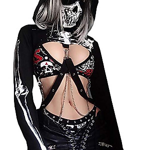 JUMISEE Women Goth Skeleton Hoodie Crop Top Iron Chain Long Sleeve Hooded Pullover Sweatshirt for Halloween Rave Festival Black