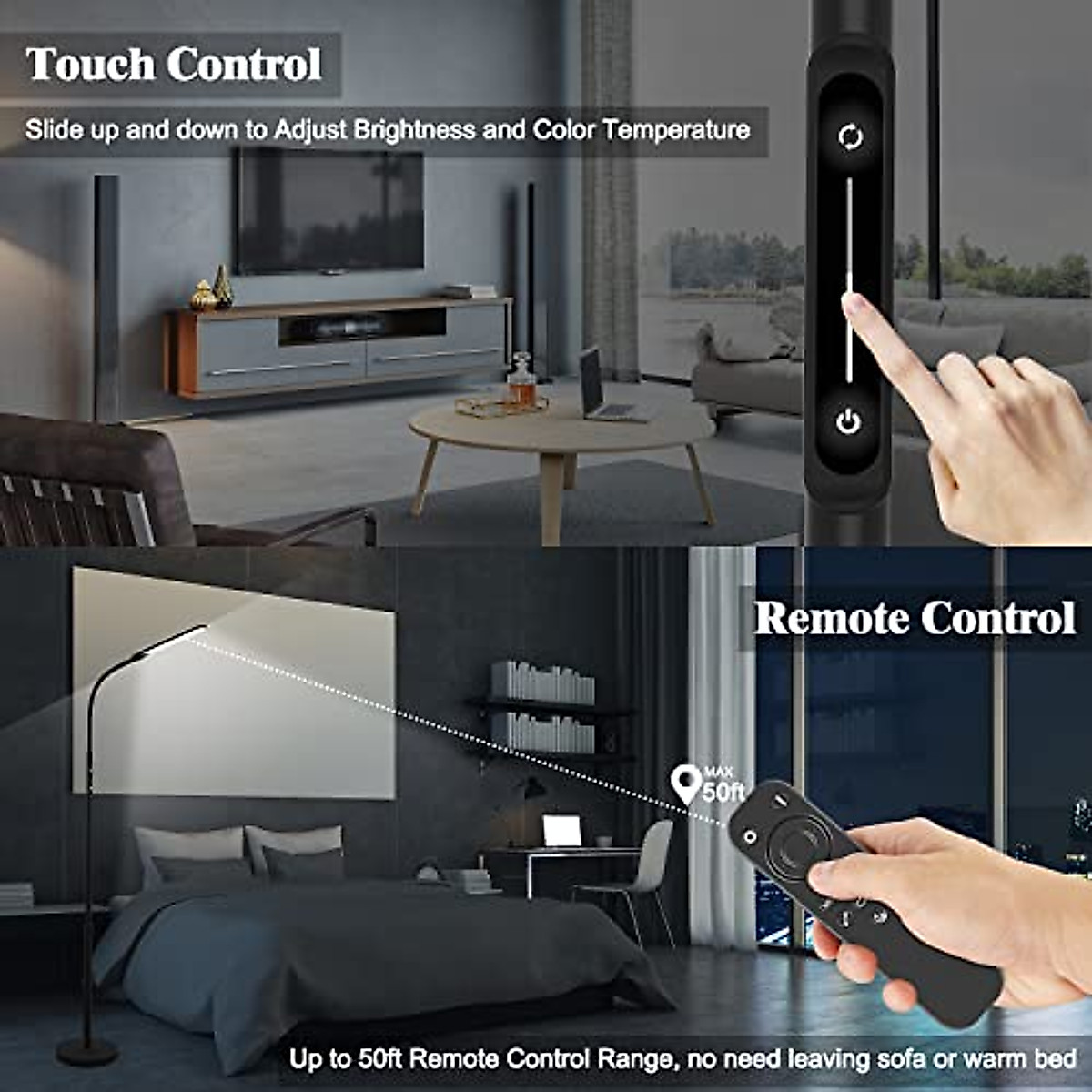 NXONE Led Floor Lamp,Modern Reading Adjustable Standing Height 4 Colors and Stepless Brightness Work Lamp for Living Room Bedroom Reading£¬Black