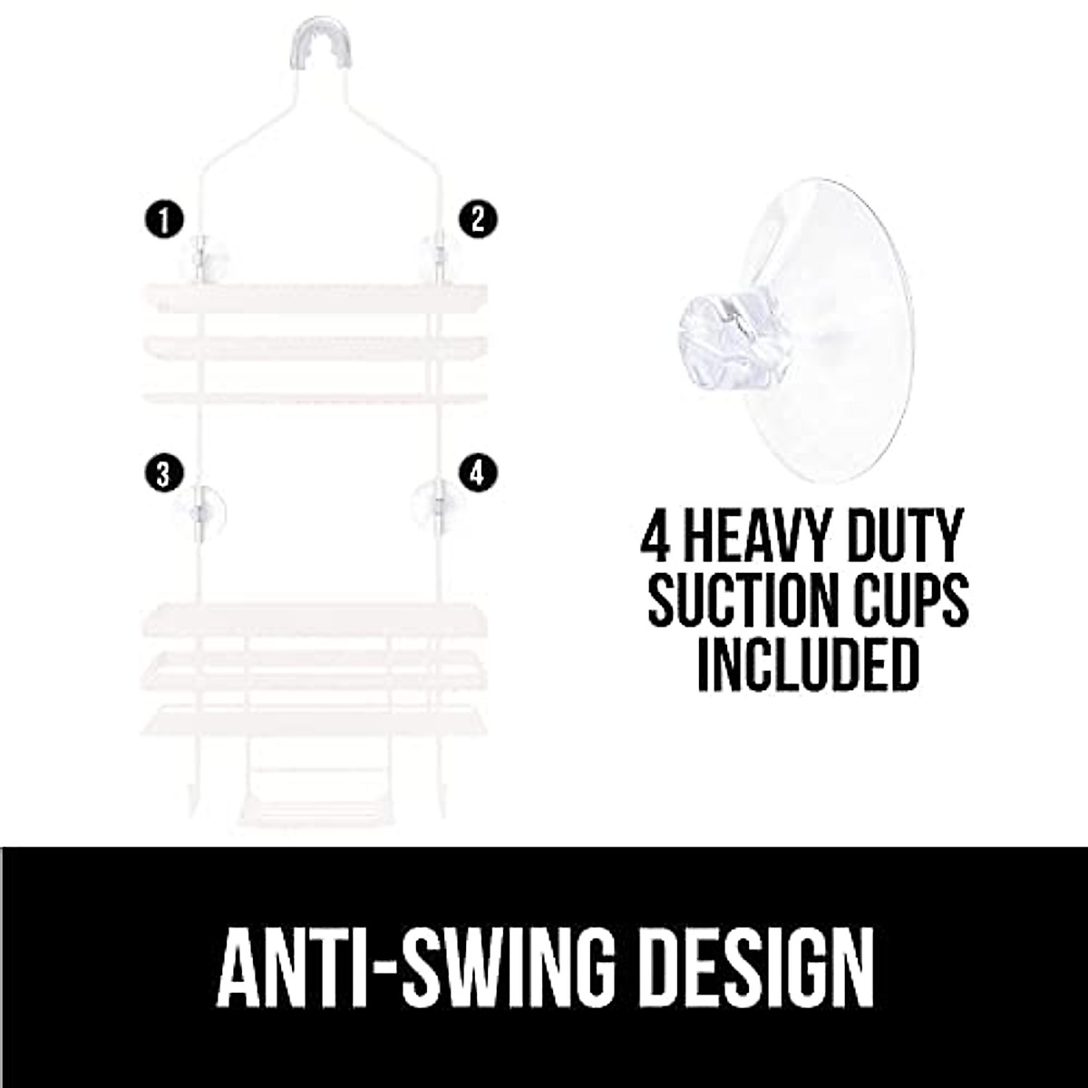 Gorilla Grip Anti-Swing Oversized Shower Caddy, Rust Resistant Organizer, Holds 11 lbs, Strong Suction Cups, Hooks, Easy Hanging Bathtub Shampoo and Accessories Caddies for Showerhead, 3 Shelf, White