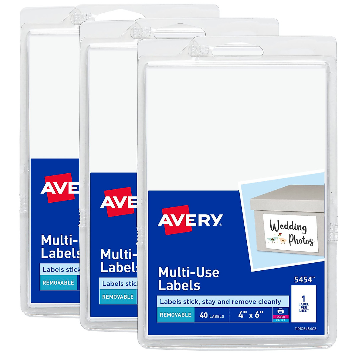 Avery Removable Labels, 4" x 6" Blank Labels, Laser/Inkjet Printable Labels, 40 Labels per Pack, 3 Packs, 120 Total Labels (5454)
