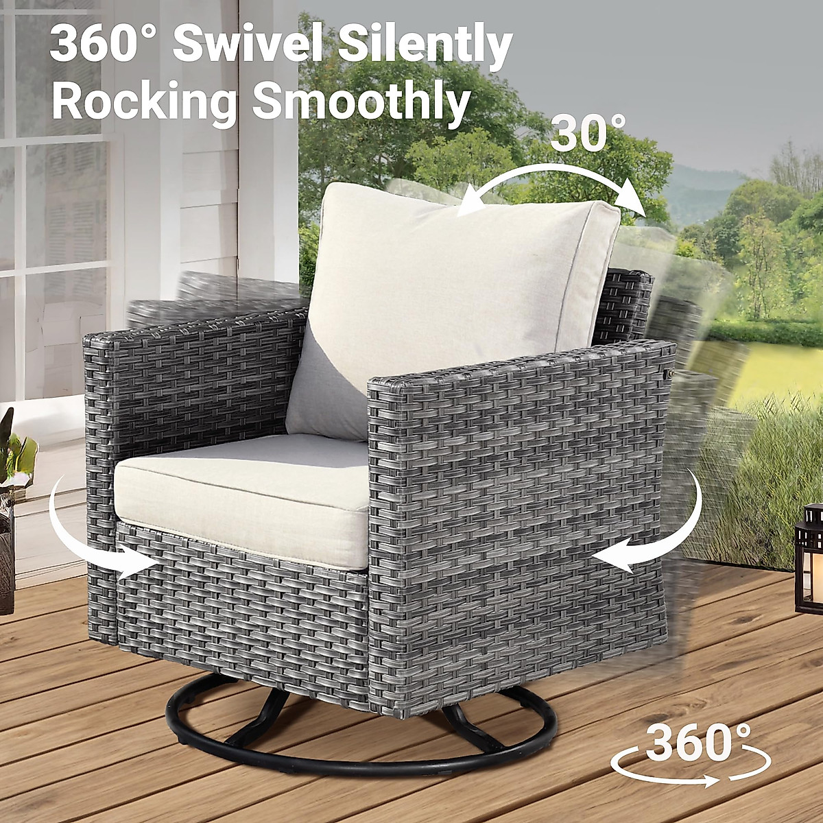 ovios 7 Pieces Patio Furniture Set with Rectangular Fire Pit Table, Swivel Rocking Chairs, Outdoor High Back Wicker Rattan Conversation Set for Deck Porch, Beige