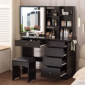 Homsee Vanity Desk Set Makeup Table with Large Sliding Lighted Mirror, Power Strip and Hair Dryer Holder, Dressing Table with Drawers, Storage Shelves & Stool for Bedroom, Black
