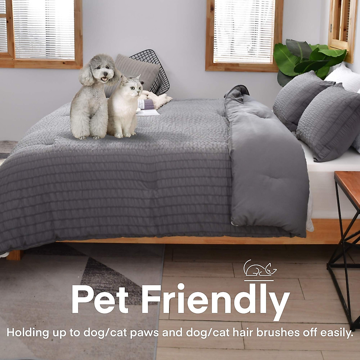 AveLom Seersucker Queen Comforter Set (90x90 inches), 3 Pieces- 100% Soft Washed Microfiber Lightweight Comforter with 2 Pillowcases, All Season Down Alternative Comforter Set for Bedding, Grey