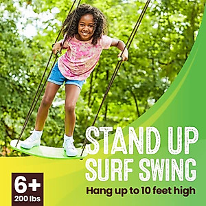 Swurfer Kick Stand Up Surfing Tree Swing Outdoor Swings for Kids Up to 150 Lbs - Hang from Up to 10 Feet High - Includes 24" SwingBoard, UV Resistant Rope, & Handles, Green