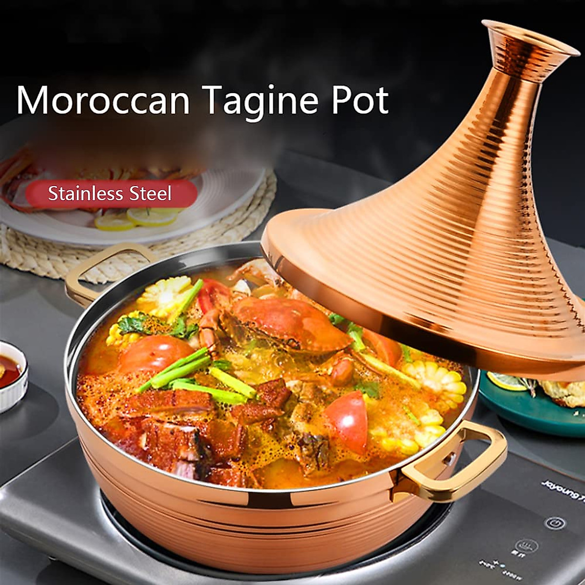22cm Stainless Steel Tagine Pot Moroccan Tajine Cooking Cookware with Cone-Shaped Closed Lid for Stew Casserole Slow Cooker, 1-2 People Use