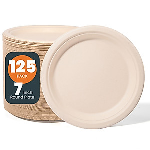 hooray mida 100% Compostable Plates, Disposable Paper Plates 125-Count - Heavy Duty, Biodegradable Plates Made of Bagasse - Eco Friendly and Sustainable (Natural, 7 inch)