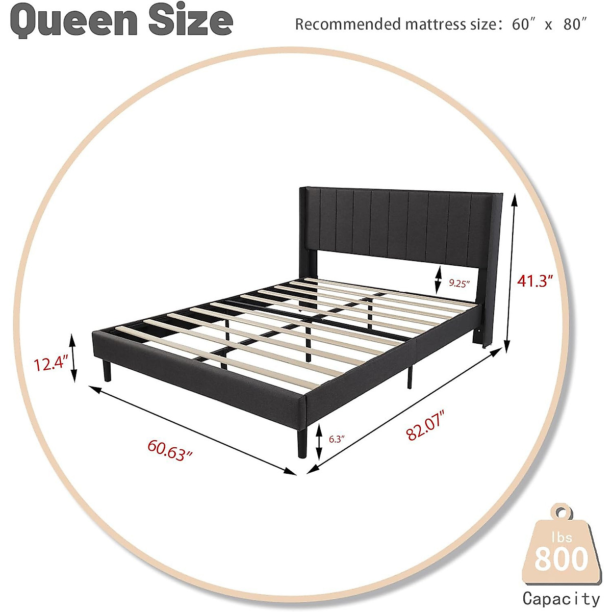 Zavoter Queen Size Bed Frame with Upholstered Wingback Headboard, Easy Assemnly Platform Bed, Wooden Slat Support No Box Spring Needed, Dark Gray