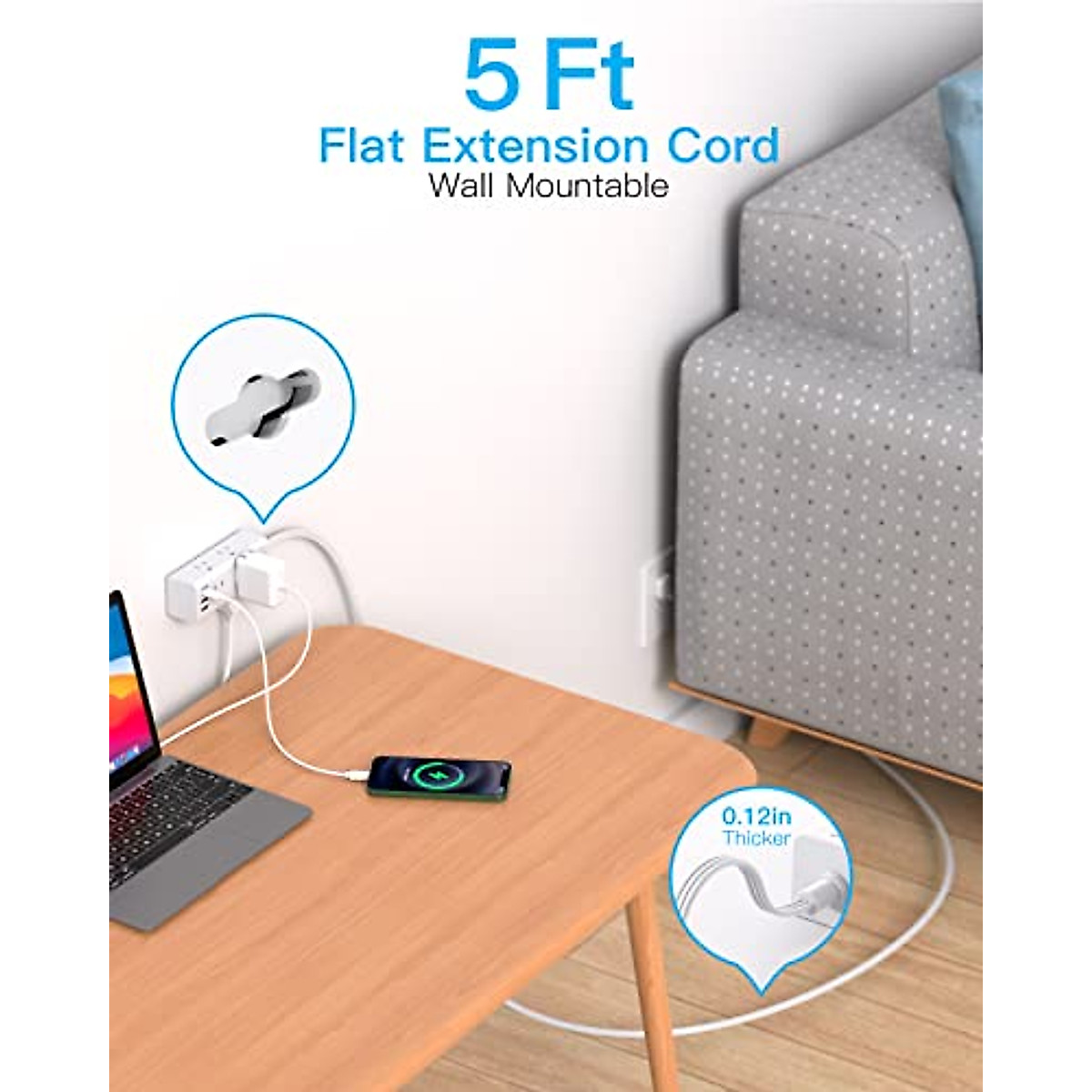 Flat Plug Power Strip, 5Ft Ultra Thin Flat Extension Cord with Multiple Outlets - 6 Outlet 3 USB Ports (1 USB C), Desktop Power Strip with No Surge Protection, Cruise Ship, Dorm Room Travel Essentials