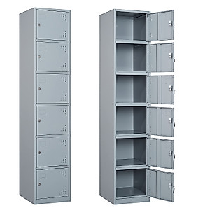 Yizosh Metal Locker with 6 Doors, Tall Steel Storage Lockers for Employees - 71" Locker Storage Cabinets for School, Gym, Home, Office, Garage (Grey)