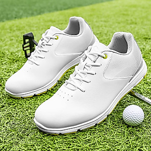 Waterproof Golf Shoes for Men Spikeless Outdoor Golf Sport Training Sneakers Classic Mens Golf Trainers Size 13 14 … (White Yellow, numeric_10)