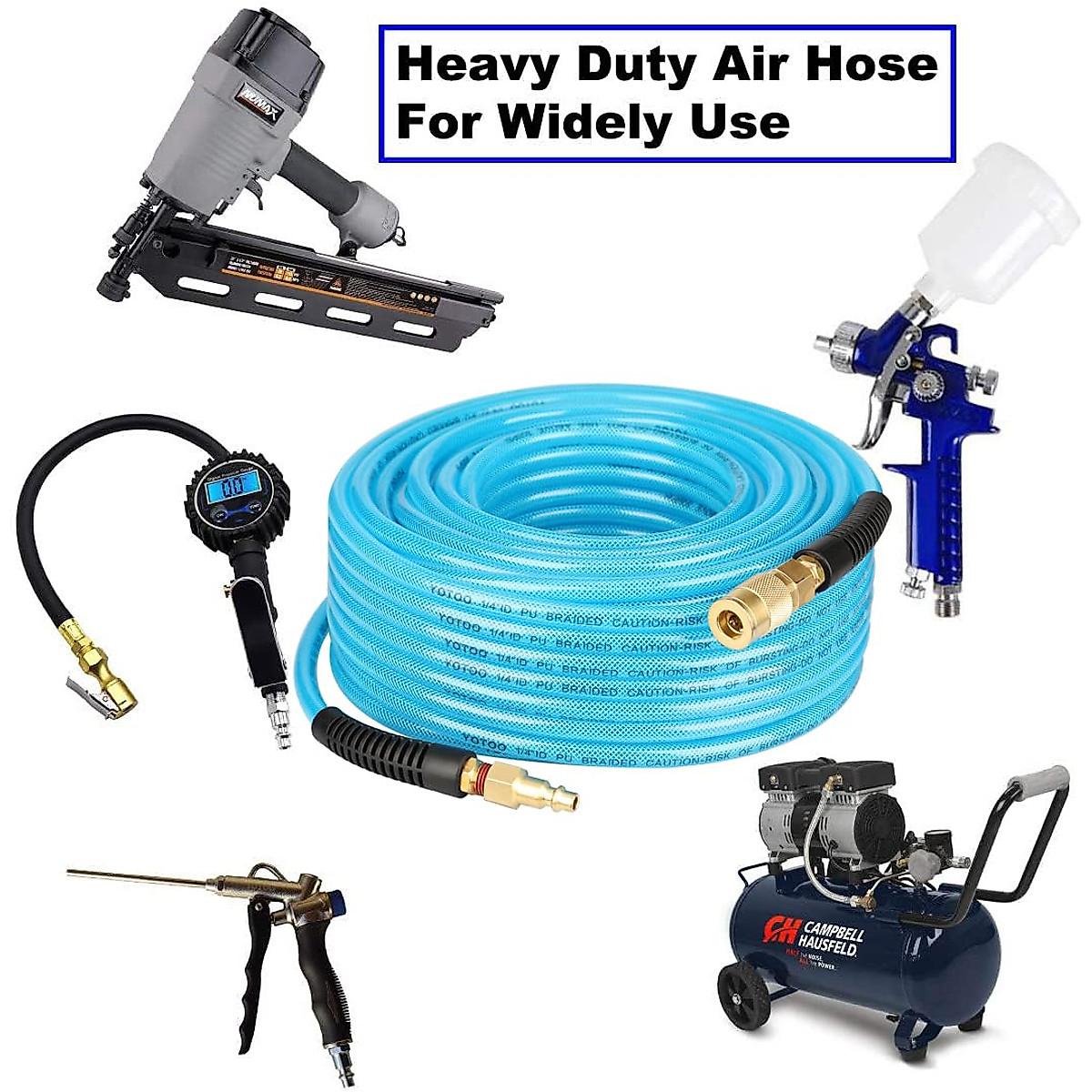 YOTOO Reinforced Polyurethane Air Hose 1/4" Inner Diameter by 100' Long, Flexible, Heavy Duty Air Compressor Hose with Bend Restrictor, 1/4" Swivel Industrial Quick Coupler and Plug, Blue