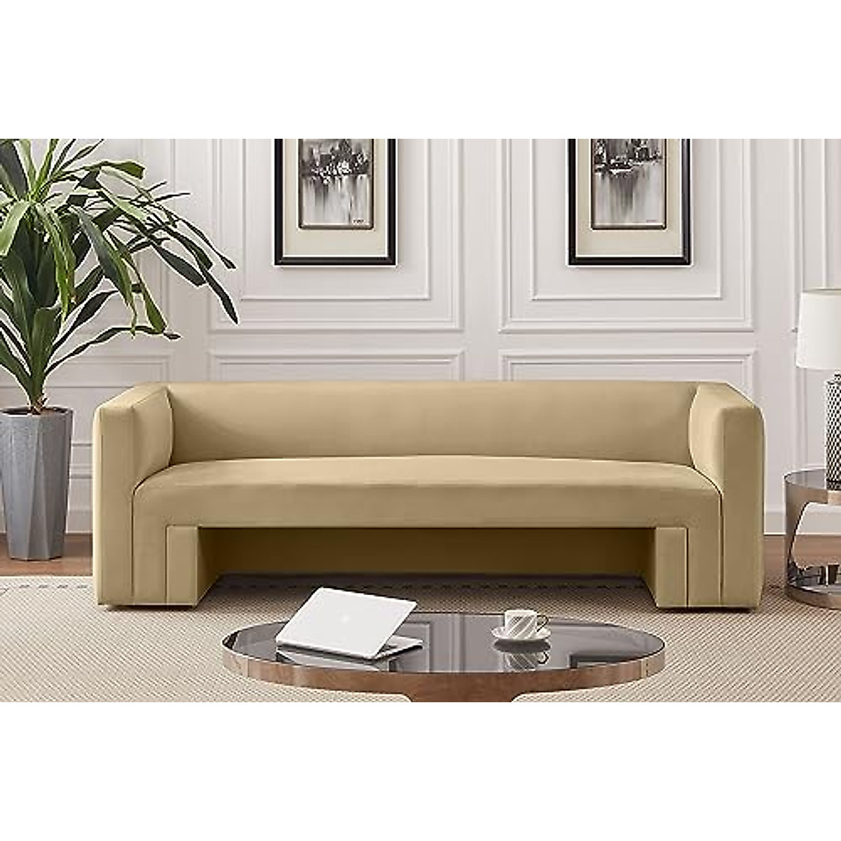 Meridian Furniture 665Camel-S Henson Collection Modern | Contemporary Velvet Upholstered Sofa with Soft Camel Velvet, Solid Wood Frame, 89.5" W x 34.5" D x 28" H, Camel