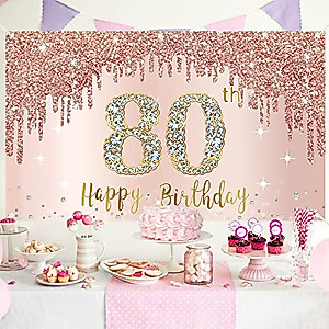 Happy 80th Birthday Banner Backdrop Decorations for Women, Rose Gold 80 Birthday Party Sign Supplies, Pink 80 Year Old Birthday Poster Background Photo Booth Props Decor