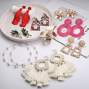 Sanfenly Drop Dangle Earrings for Women Statement Earrings, Bohemian Rattan Tassel Large Hoop Pearls Rhinestone Crystal Gold Geometric Dangling Earring Set