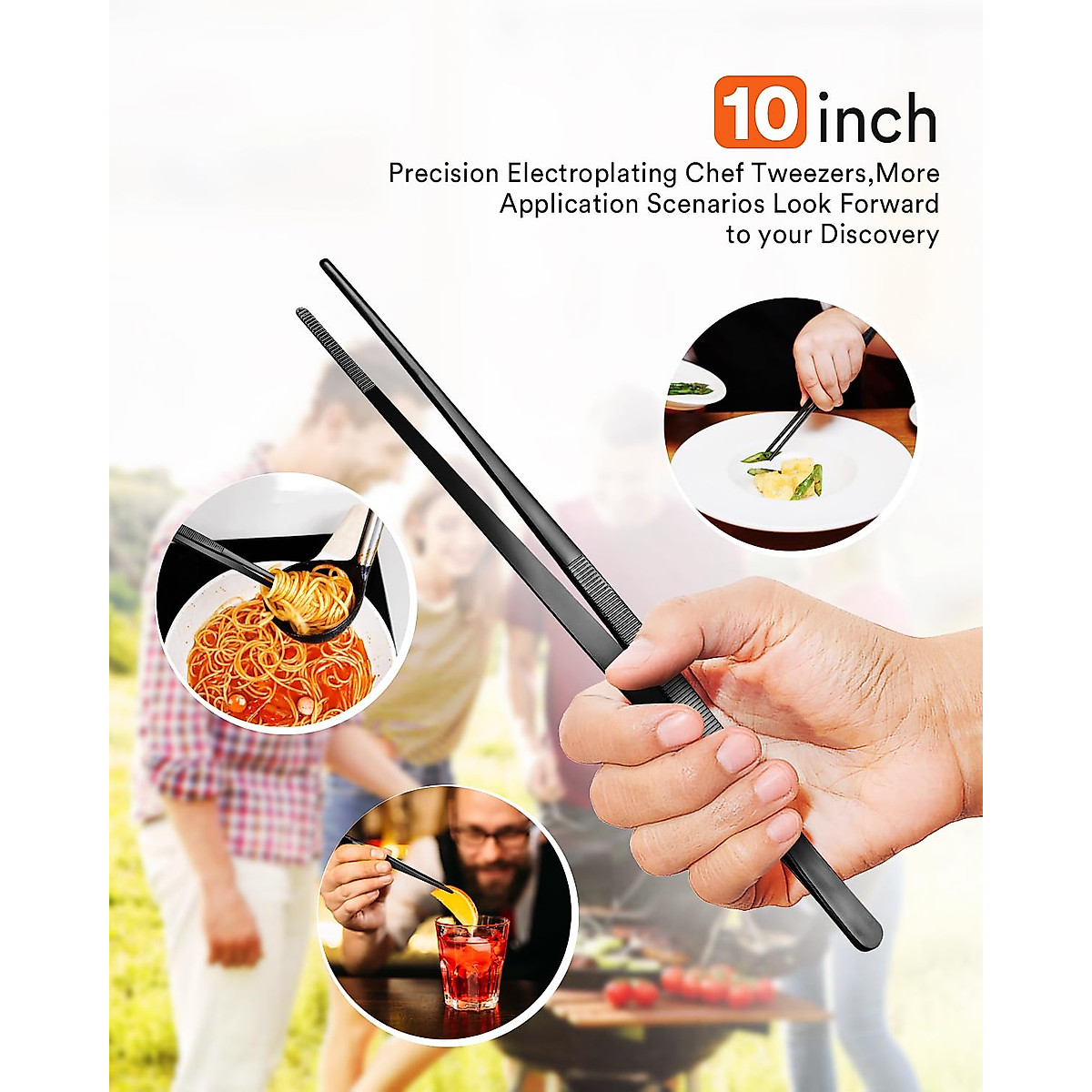 Kitchen Tweezers Fine Tweezer Tongs For Cooking, Black Stainless Steel Food Tweezers, Multi-function Precision Serrated Tips Cooking Tongs Kitchen Serving Tong (Black, 10 inch)