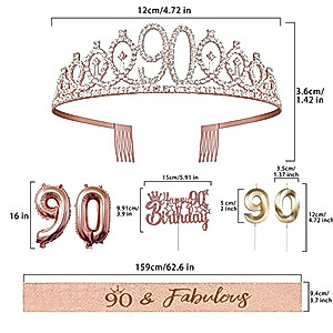 90th Birthday Decorations for Her, Birthday Sash, Crown/Tiara, Candles, Cake Toppers, Balloons, Birthday Gifts for Women, 90th Birthday Decorations for Women, Rose Gold (90th)