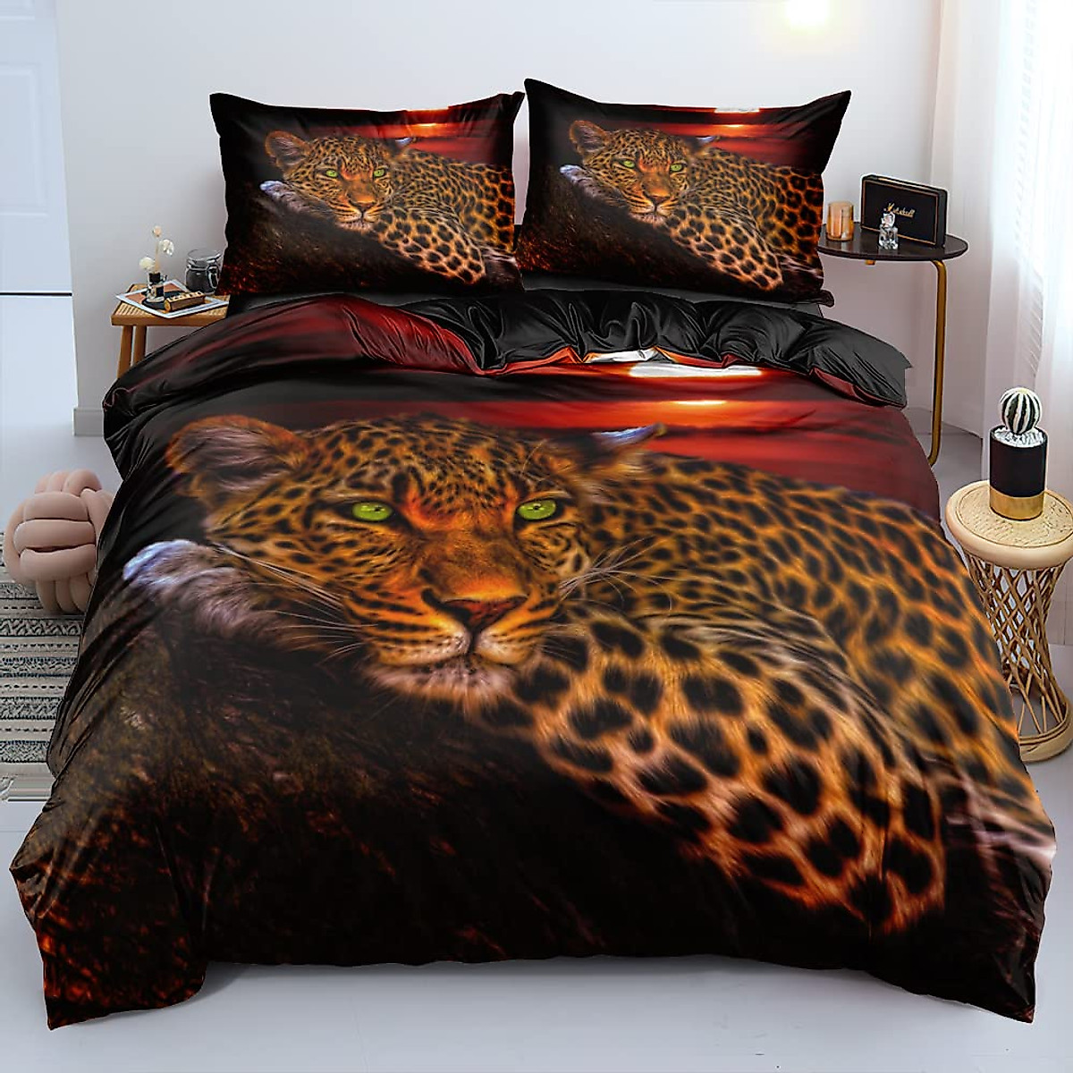 Holiyjog Cheetah Print Bedding Leopard Quilt Cover Sets Brown Linens Bed Pillow Shams Queen Size Animal Home Textile (Queen, 002)
