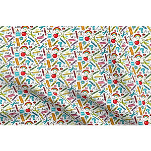 Spoonflower Fabric - Small School Supplies White Teacher Pencil Rainbow Student ABCs Printed on Petal Signature Cotton Fabric by The Yard - Sewing Quilting Apparel Crafts Decor