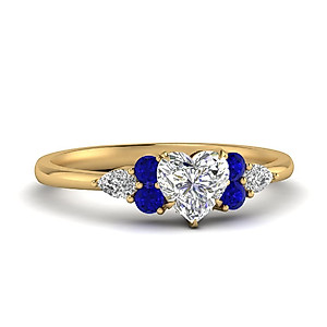 Gemsonclick New Year's Gifts daughter ring jewelry gifts for her rings unique jewelry 14k Yellow Gold Plated Created Blue Sapphire Heart Shape Blue Color Side Stone Rings Basket Setting in Size 7