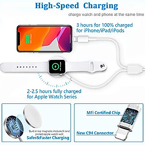 [Apple MFi Certified] 2 in 1 for Apple Watch Charger Portable Wireless Watch Charging Cable Compatible with Apple Watch Series 8/7/SE/6/5/4/3/2/1 and iPhone 12/13/14/Pro/Max/XR/XS Max/X