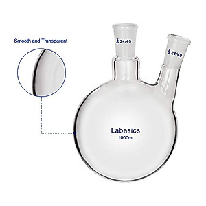 Labasics Glass 1000ml 2 Neck Round Bottom Flask RBF, with 24/40 Center and Side Standard Taper Outer Joint, 1000ml