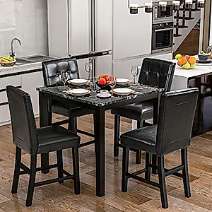 LZ LEISURE ZONE Dining Table Set for 4, 5 Piece Kitchen Table Set, Faux Marble Veneer Wooden Top Counter Height Dining Room Table Set with 4 Leather-Upholstered Chairs, Black