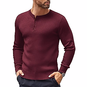 COOFANDY Men's Henley Sweaters Lightweight Casual Knit Sweaters Ribbed Crewneck Pullover Long Sleeve Tops Wine Red