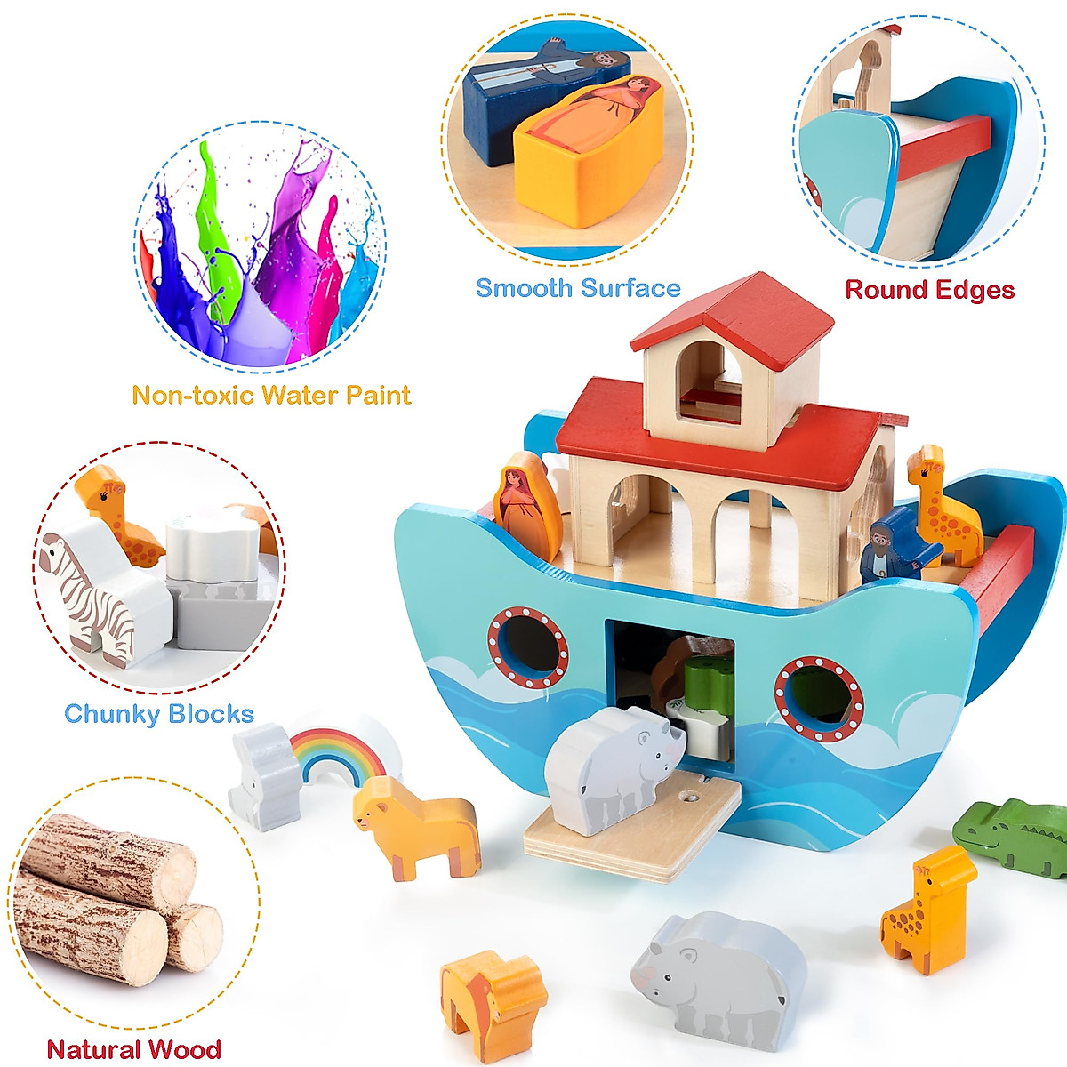 JUSTWOOD Wooden Noah's Ark Toy Animal Play Set, Bible Story Toys Baptism Gift for Boys and Girls, Baby Shape Sorter Toy, Comply with 2025 New ASTM F963-23