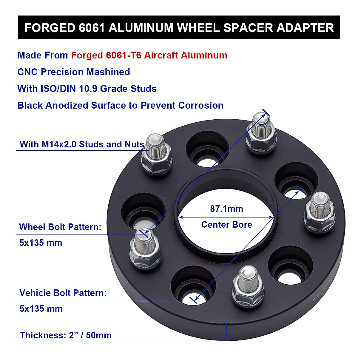 VLAOSCHI Black Forged 5x135 Hubcentric Wheel Spacers 2 Inch with 14x2 Studs Compatible with Ford Lin-coln 5 Lug for 1997-2003 F150 | 1997-2002 Expedition | 1998-2002 Navigator - Pack of 4