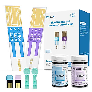 Medilax Blood Ketone and Sugar Strips, Only for Medilax Keto Test and Glucose Meter, 60 Count Diabetic Strips, 60 Count Blood Ketone Strips, 120 Blood Lancets