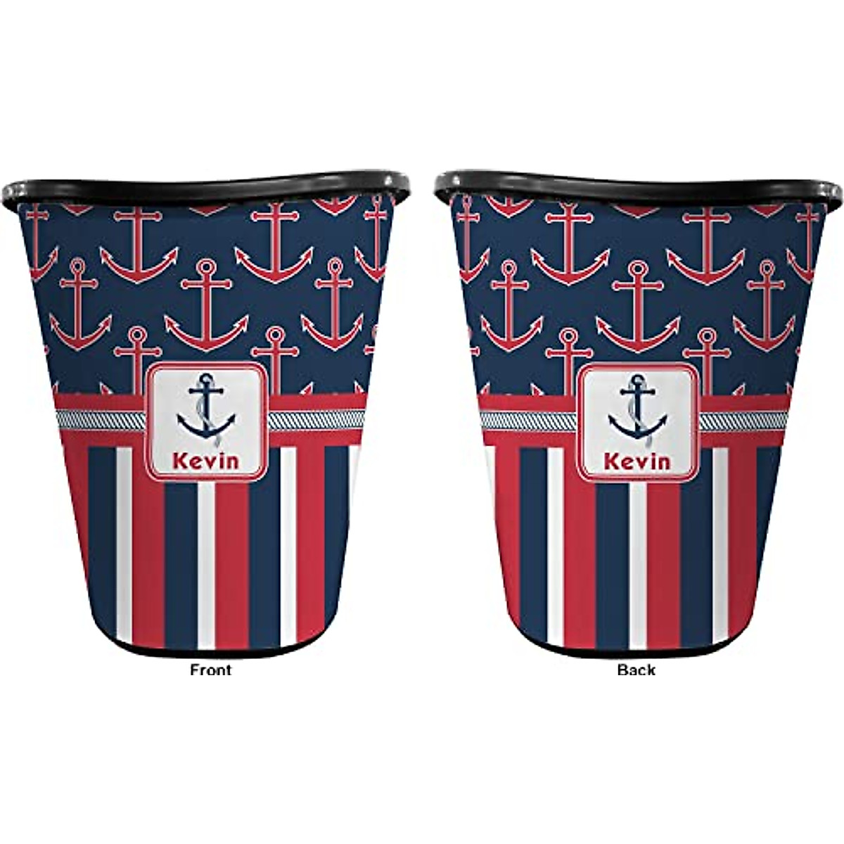 RNK Shops Nautical Anchors & Stripes Waste Basket - Double Sided (Black) (Personalized)
