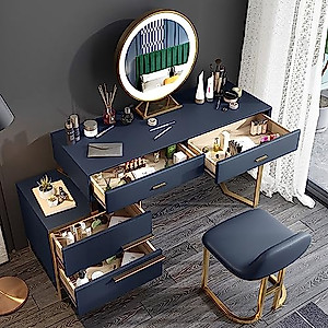 YIMAKEY Vanity Desk Set Mirror: Blue 31 Inches Makeup Table with 3 Modes Lights Mirror and 4 Drawers 1 Stool - Luxurious Fashionable Vanity Desk for Bedroom for Her