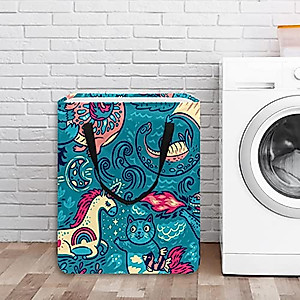 Dinosaur Sloth Unicorn and Cat Print Collapsible Laundry Hamper, 60L Waterproof Laundry Baskets Washing Bin Clothes Toys Storage for Dorm Bathroom Bedroom