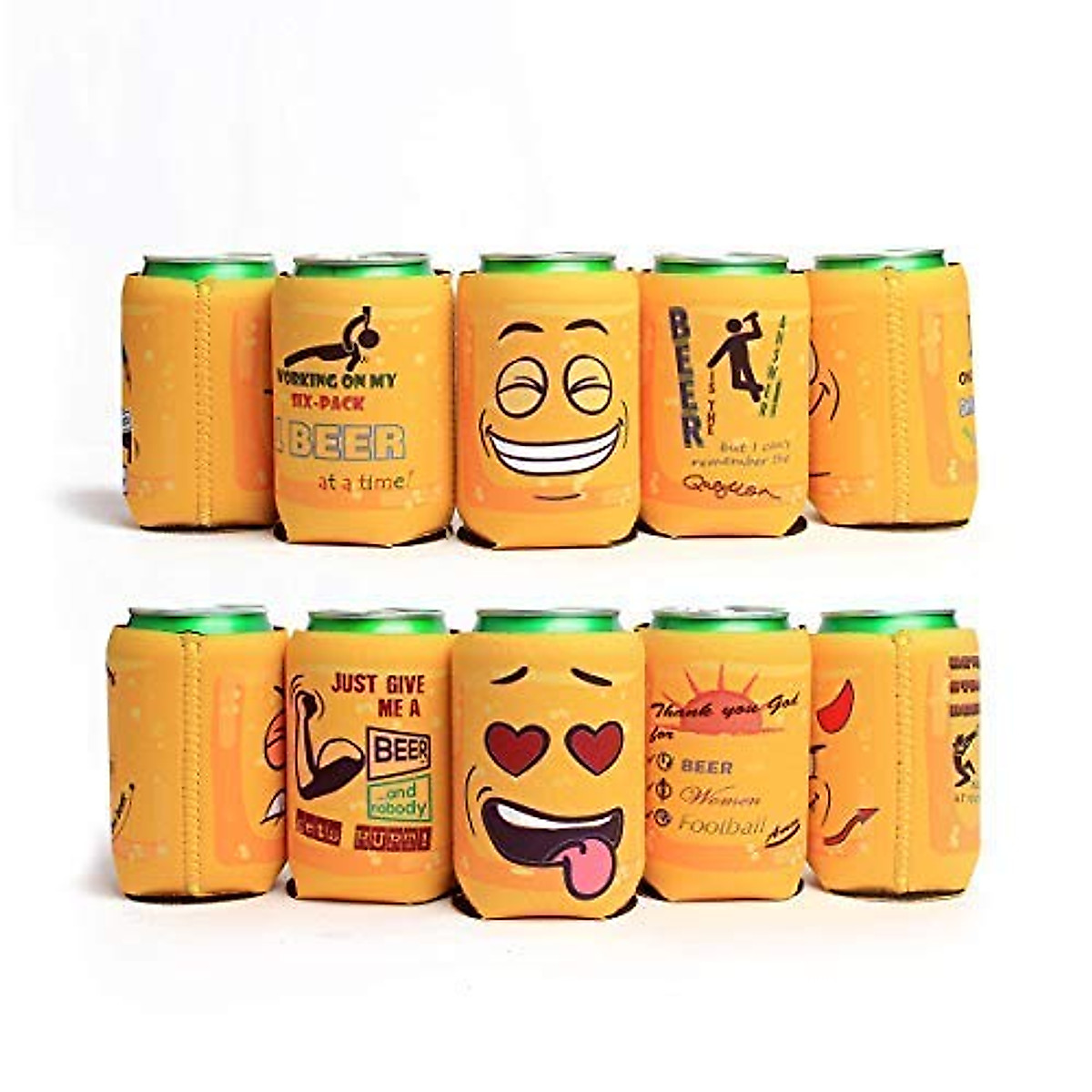 Amazing Drinkers - 10 pack funny quotes & cartoons Extra Thick yellow Neoprene Beer & beverage 12 OZ Can Sleeve Covers - Fully stitched, Trendy & Awesome for Gift or Hosting Item # 10C-YFC