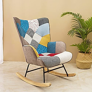 AISEER Rocking Chair, Mid Century Fabric Rocker Chair with Wood Legs and Patchwork Linen for Livingroom Bedroom