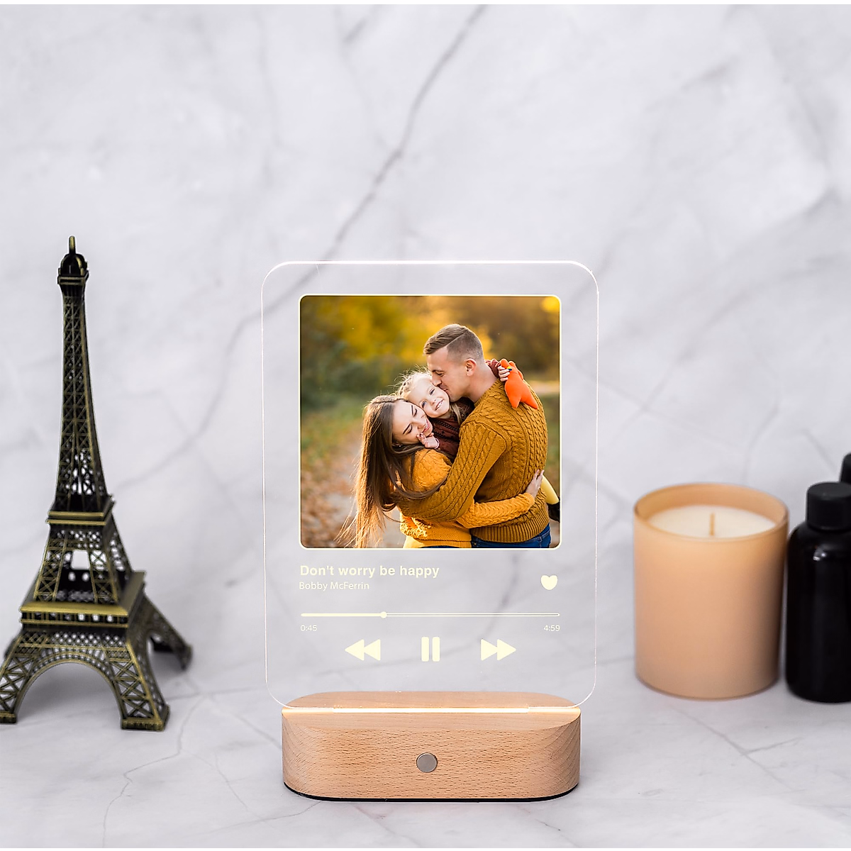 SHO VAVAS Personalized Acrylic Plaque with Wood Base, Playlist Picture Frame with LED Light, Custom Music Plaque with Photo, Christmas, Birthday Gift for Couple, Romantic Gifts for Her Him (Music Version 1)