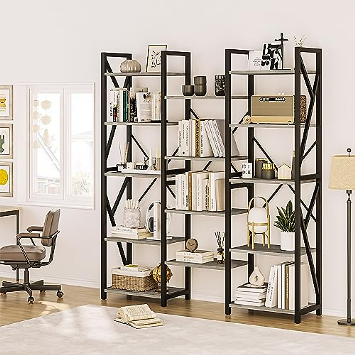 IDEALHOUSE Triple Wide 5 Tier Book Shelf, Tall Bookshelf with Open Display Shelves, Industrial Large Bookshelves and Bookcases with Metal Frame for Living Room, Bedroom, Home Office-Grey