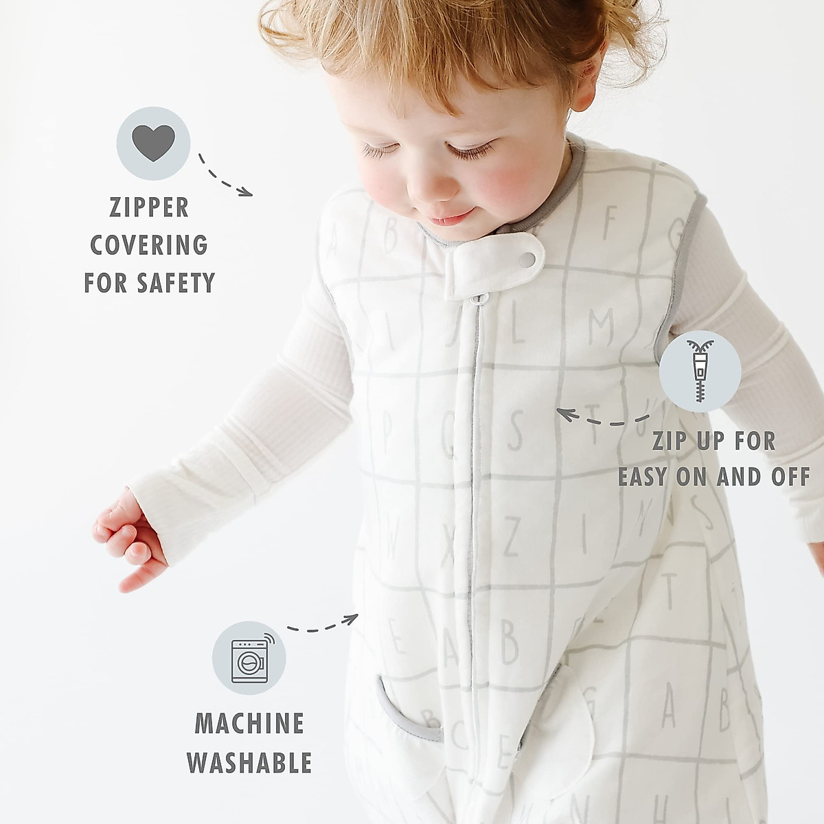 Tealbee DREAMSUIT: Toddler Sleep Sack with Feet 12-18 Months, 18-24 Months - 1.2 TOG Four Season Baby Wearable Blanket for Walkers - Bamboo, Organic Cotton Sleeping Bag (12m-2T) - Alphabet