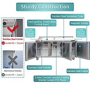 WESTLAKE 72" W 3 Door Refrigerator Sandwich&Salad Prep Table Commercial Stainless Steel Counter Fan Cooling Refrigerator with 18 pans-72 Inches for Restaurant, Bar, Shop, etc