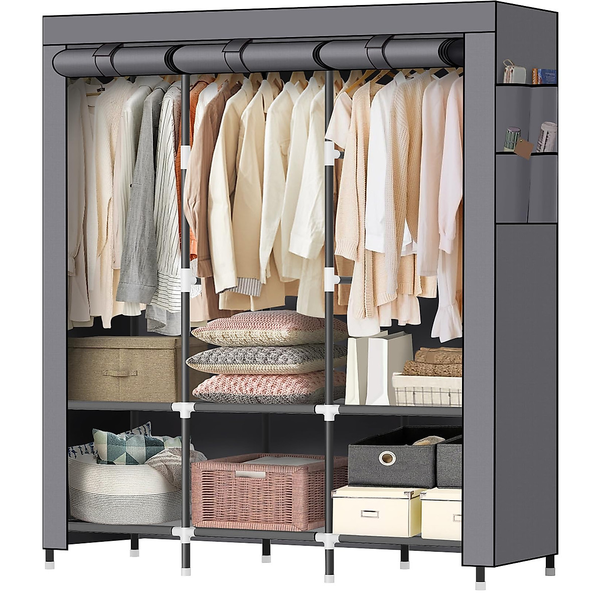 LOKEME Portable Closet, Wardrobe Closet with 3 Hanging Rods and 6 Storage Shelves, Gray Closet, Easy to Assemble Portable Closets for Hanging Clothes with 4 Side Pockets, PWC0006-GRAY