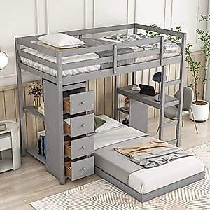 Polibi Twin Over-Twin Bunk Bed with Built-in Desks, Drawers and Shelves, Twin Size Wooden Loft Bed with 4 Storage Drawers, Desk, Shelves and Bottom Platform Bed (Grey)