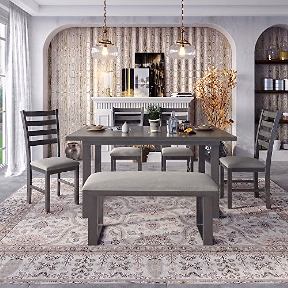 YuiHome 6-Pieces Simple Style Family Furniture, Solid Wood Set with Rectangular Table & 4 Chairs with Bench, A Stable Frame and a Long lifespan, for Dining Room, Gray, Black