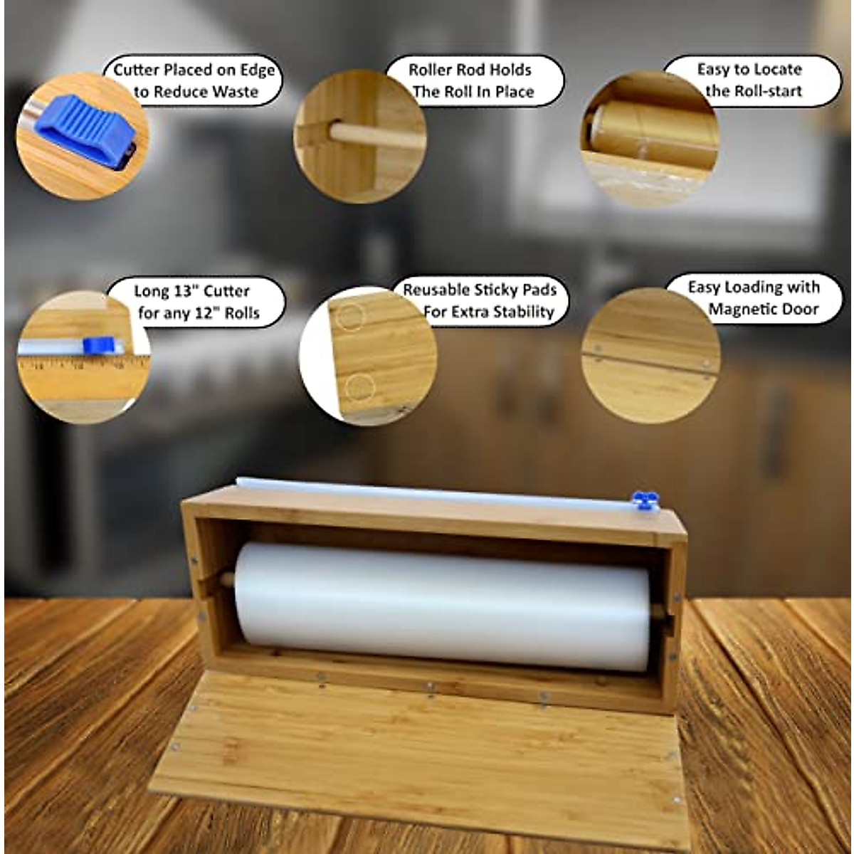 Vacuum Sealer Bag Roll Dispenser with Cutter incl 32 ft 11" Bag Roll - Reusable & Large Bamboo Vacuum Bag Dispenser Fits Most 50 ft Food Saver Bags Rolls - Perfect for Big 12" Rolls of Plastic Wrap, Aluminum Foil and Wax Paper