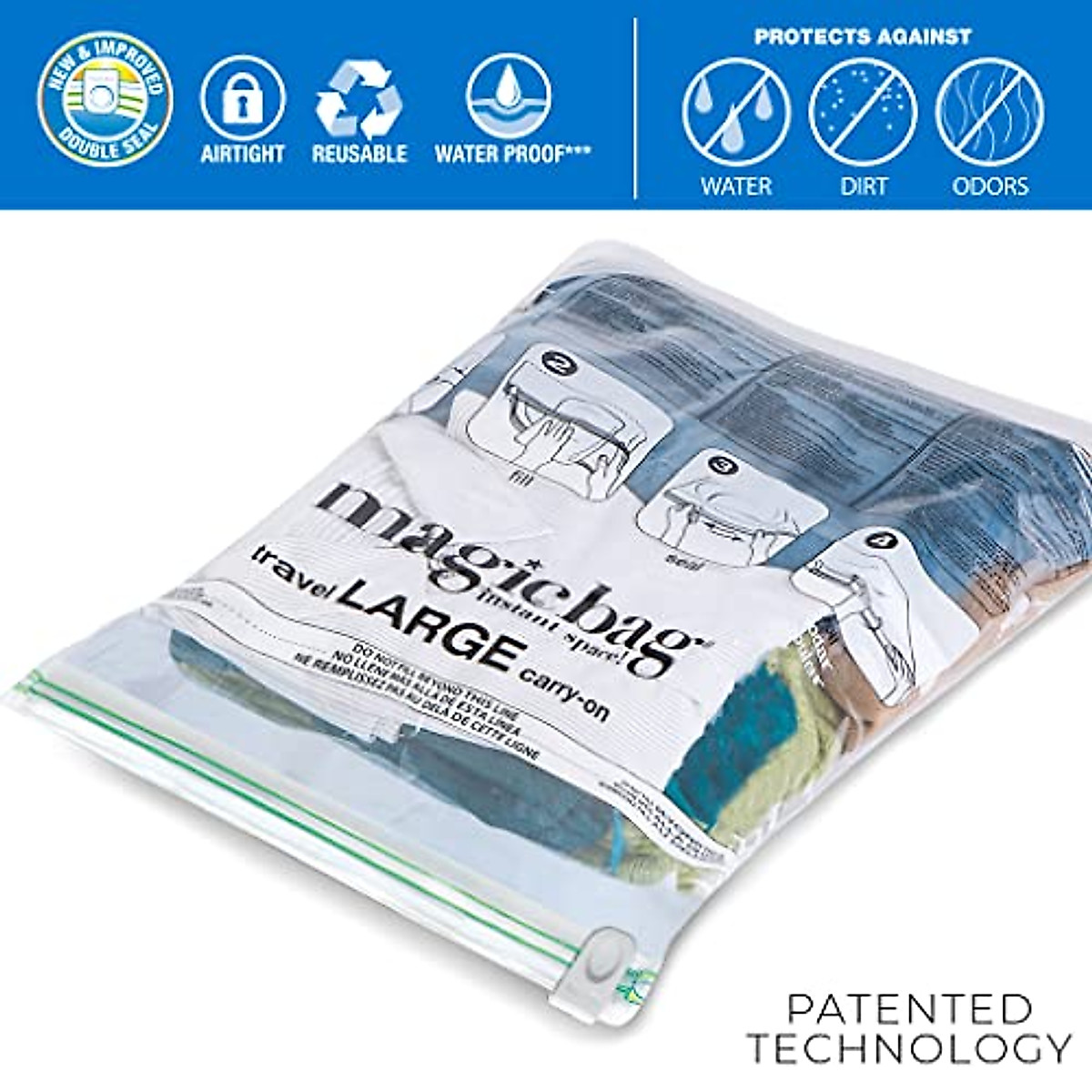 MagicBag 5-Pack Large Suitcase Travel Compression Bags Instant Space Saver Storage - Airtight Double Zipper - Suits, Dresses, Dress Shirts, Pants, Slacks, Pillows, Cruise Ship Essentials