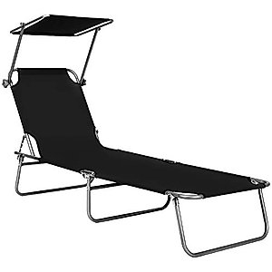 GYMAX Lounge Chair, Folding Recliner Patio Chair for Outdoor Patio Garden Beach Pool with Adjustable Reclining Positions, Sun Shade (Black)
