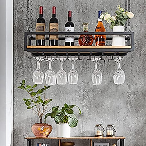 RZGY Hanging Wine Rack with Glass Holder and Shelf, Ceiling Mounted Wine Rack Adjustable Industrial Hanging Wine Bottle Holder, 39in Metal Iron Wine Shelf Black