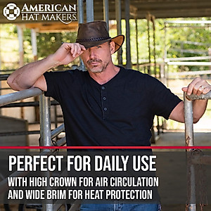 American Hat Makers Crusher Premium Leather Outback Hat– Cowboy Hats for Men & Women – Handcrafted, Packable Wide Brim Hat – Leather Western Gifts – Black Cowboy Hat