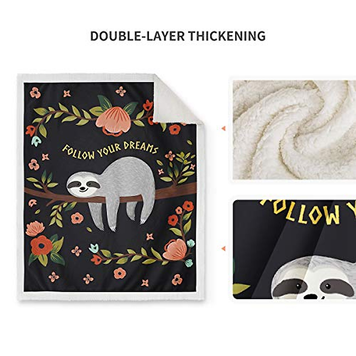 Jekeno Sloth Sherpa Blanket Comfort Warm Print Fleece Throw Blanket for Sofa Chair Bed Office Travelling Camping Gift 50"x60"