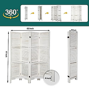 ECOMEX 4 Panel Room Divider with Shelves 5.6Ft Tall Folding Privacy Screens Room Dividers for Bedroom Home Double Hinged Wooden Room Dividers and Room Separator, White